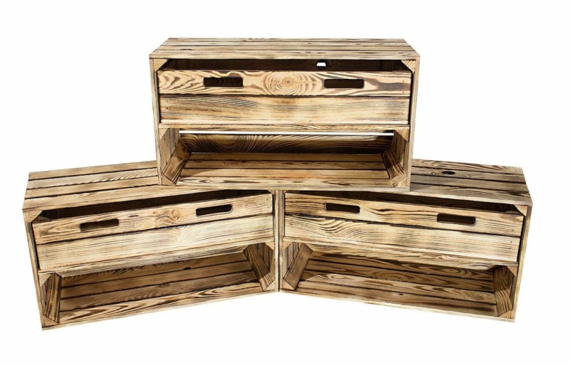 ᐅ Breite geflammte Holzkiste mit Schublade 68x40x31cm ᐅ Breite geflammte Holzkiste mit Schublade 68x40x31cm