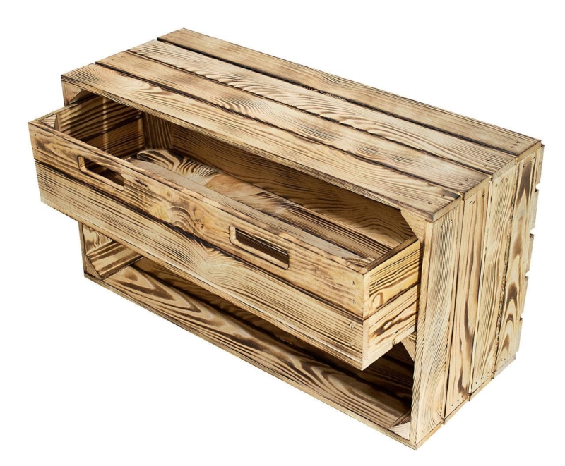 ᐅ Breite geflammte Holzkiste mit Schublade 68x40x31cm ᐅ Breite geflammte Holzkiste mit Schublade 68x40x31cm