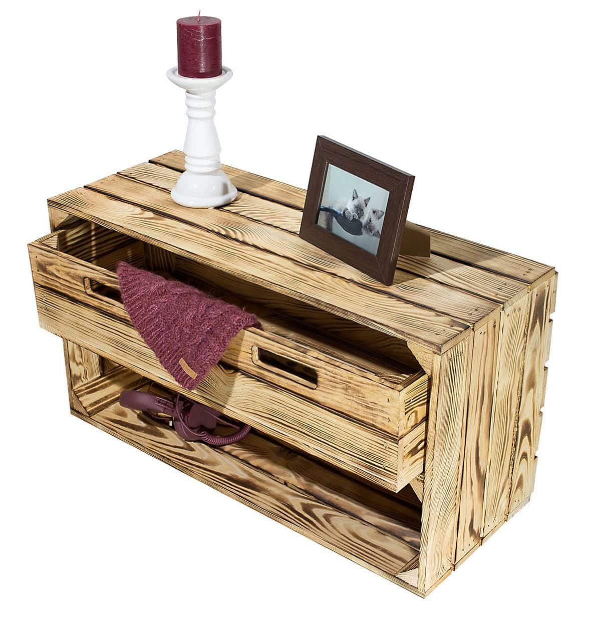ᐅ Breite geflammte Holzkiste mit Schublade 74x40x31cm ᐅ Breite geflammte Holzkiste mit Schublade 74x40x31cm